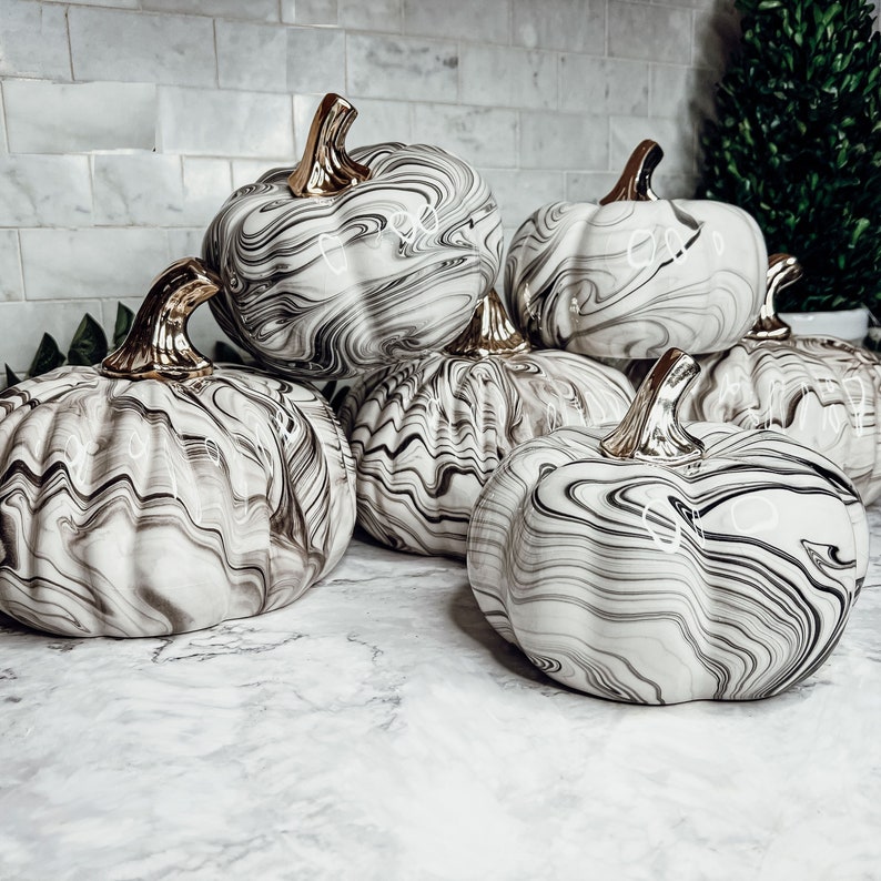 Hand Painted Pumpkins, 2 Sizes, Black and White Pumpkin Decor, Ceramic ...