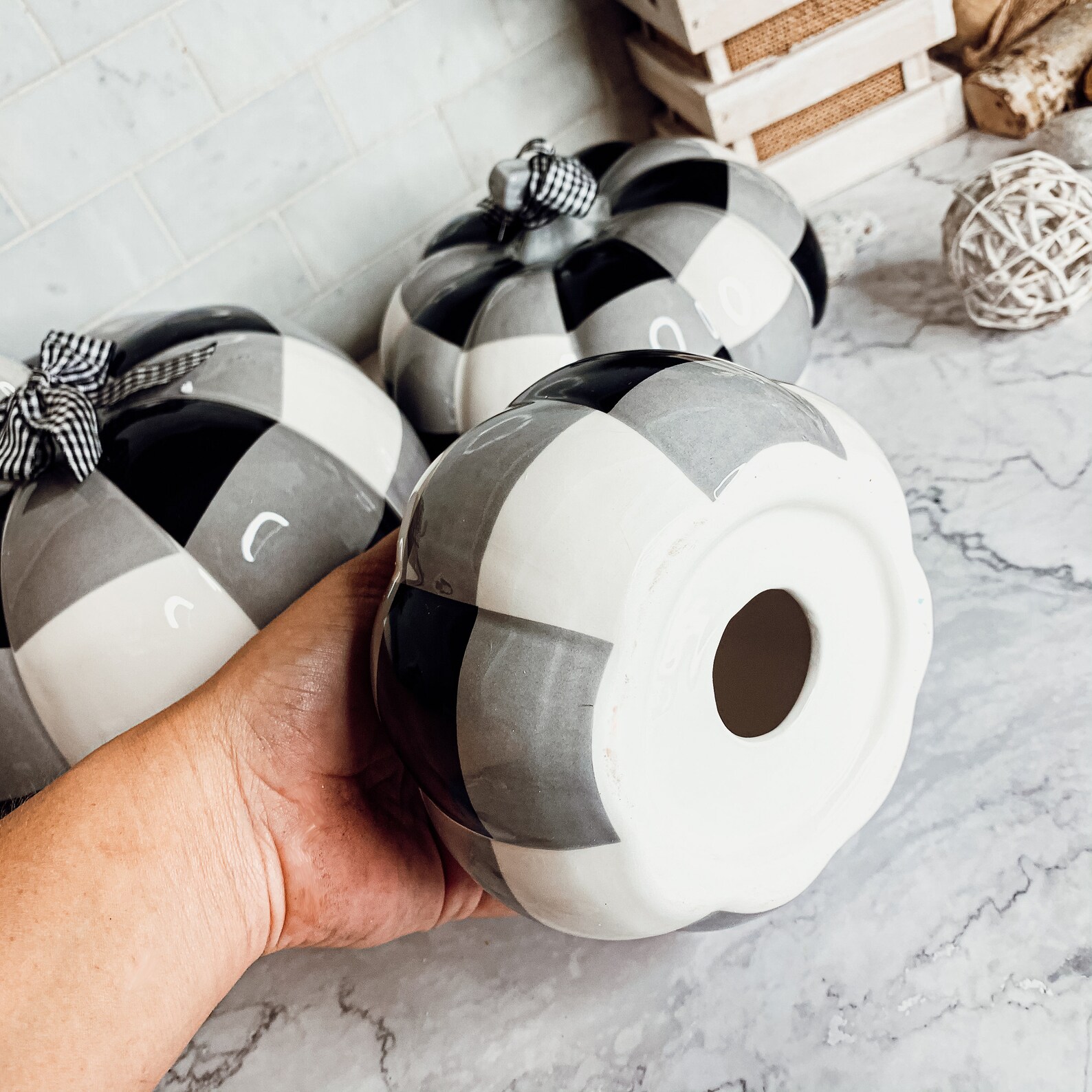 Buffalo Check Hand Painted Pumpkins, 3 Sizes, Black and White Pumpkin ...