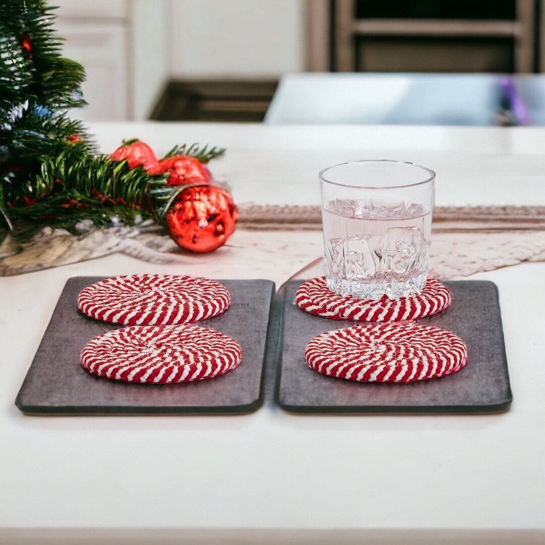 Christmas Coaster Set, Red Candy Cane Stripe Braided Coasters Fabric ...