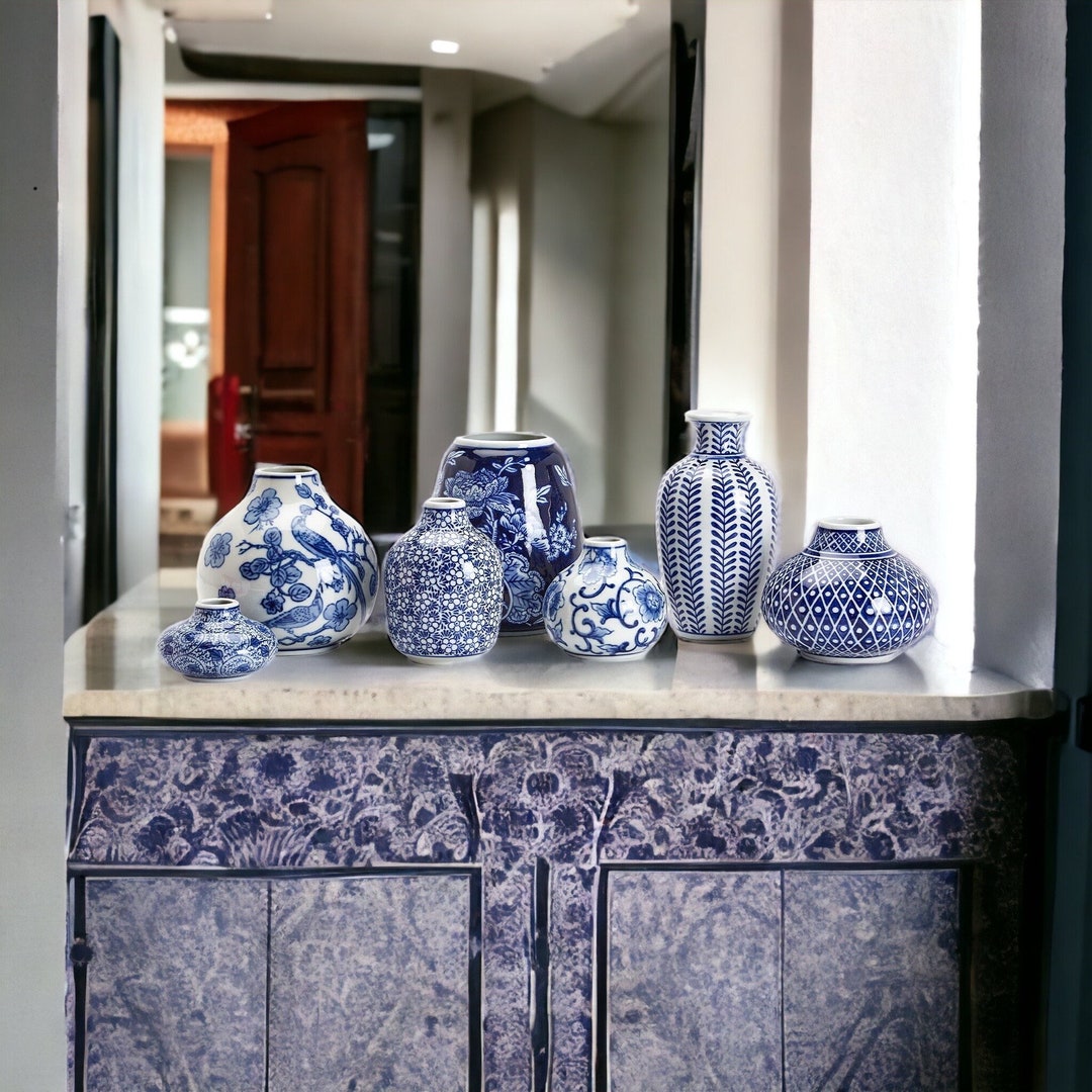 Porcelain Vases for Flowers, Hand Painted Blue Vase Set, Blue and White ...