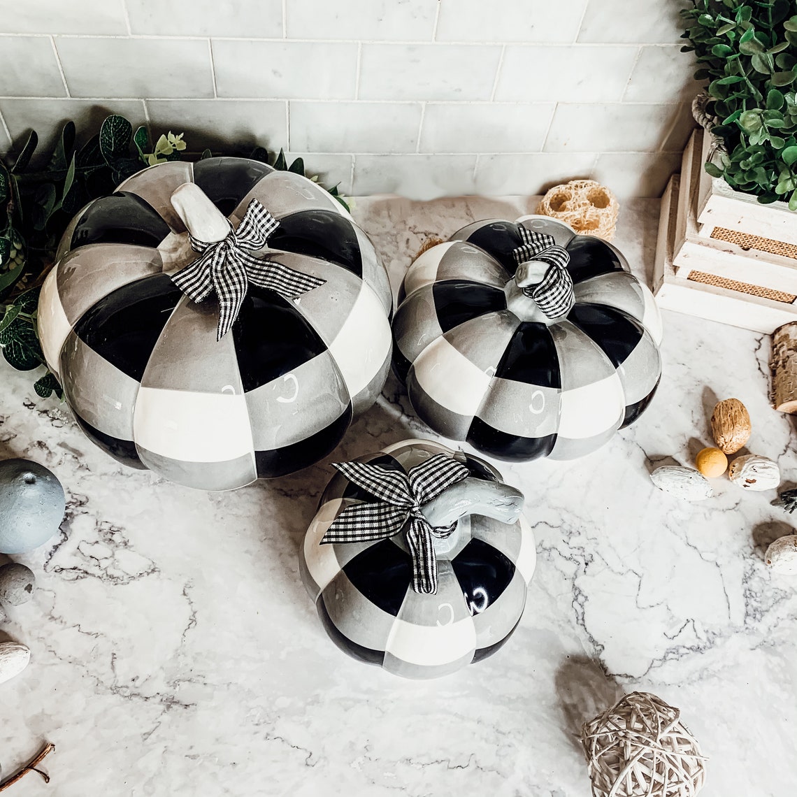 Buffalo Check Hand Painted Pumpkins, 3 Sizes, Black and White Pumpkin ...