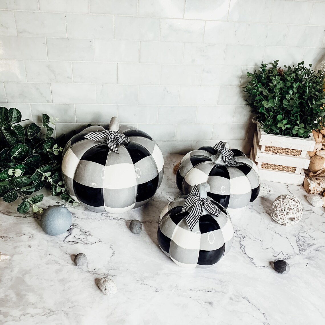 Buffalo Check Hand Painted Pumpkins, 3 Sizes, Black and White Pumpkin ...