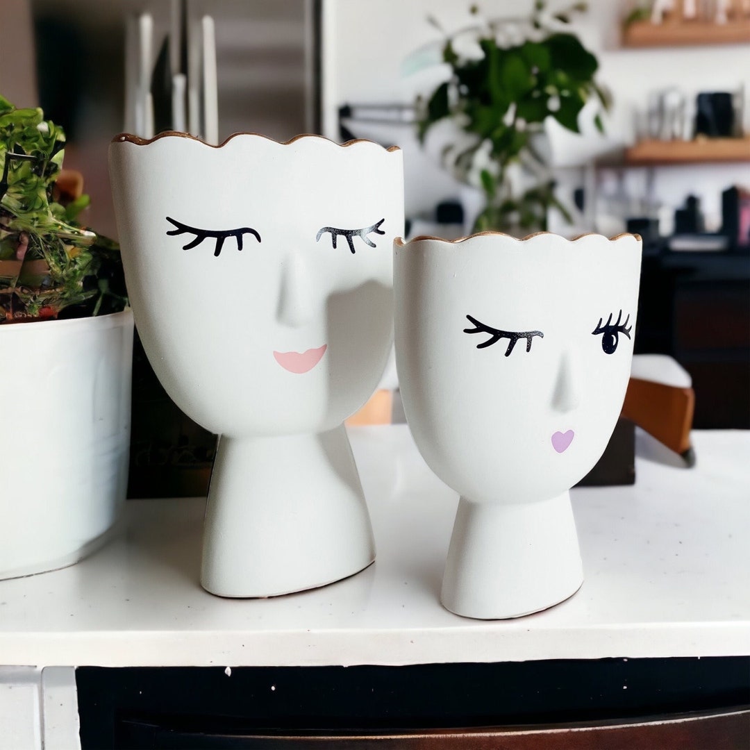 Face Vase Ceramic, Eyelash Handmade Unique Vases, Hand Painted White ...