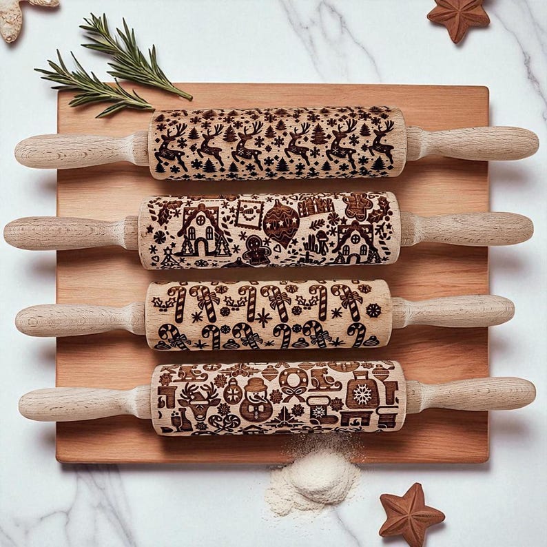 Embossed Rolling Pin for Cookies, Christmas Cookie Baking Set, Wooden ...