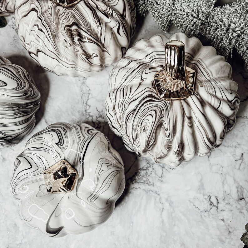 Hand Painted Pumpkins, 2 Sizes, Black and White Pumpkin Decor, Ceramic ...