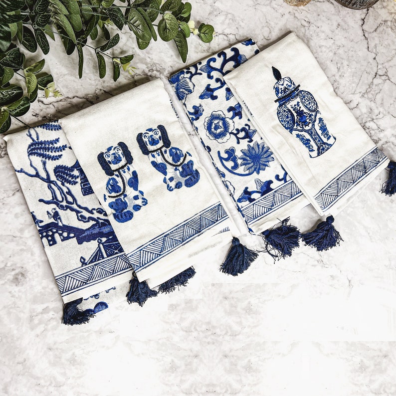 Blue Dish Cloth Blue Dish Towel Set Cotton Blue Chinoiserie - Etsy