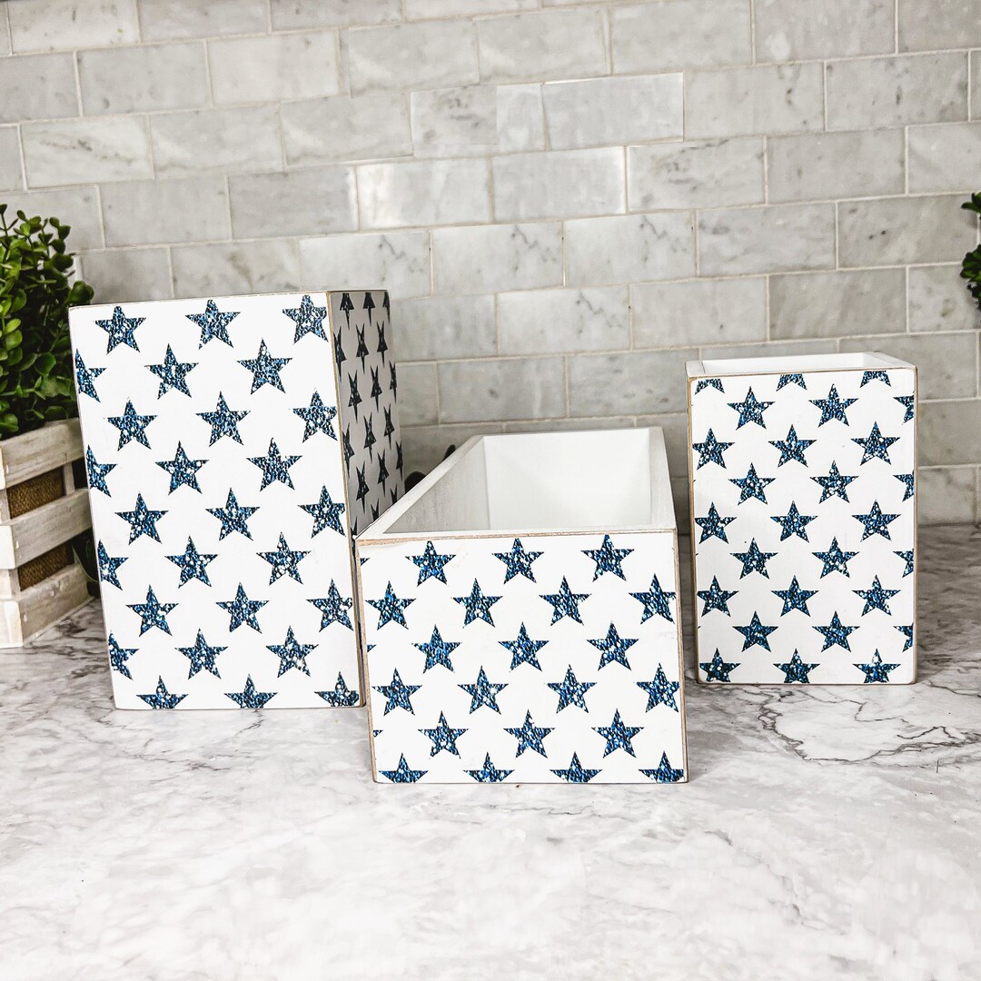 White and Blue Star Decorative Boxes, July 4th Floral Planter Boxes ...