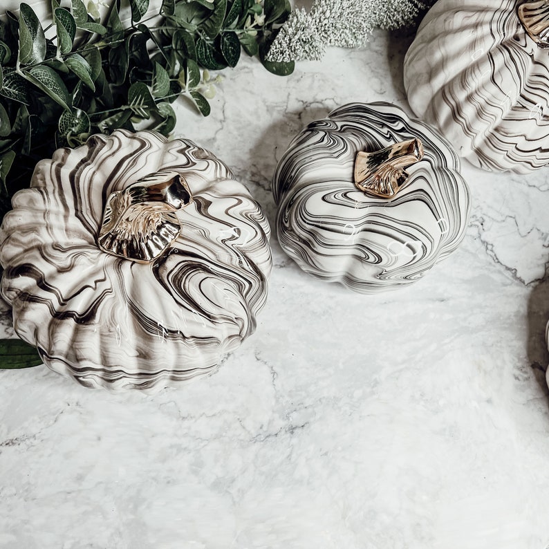 Hand Painted Pumpkins, 2 Sizes, Black and White Pumpkin Decor, Ceramic ...