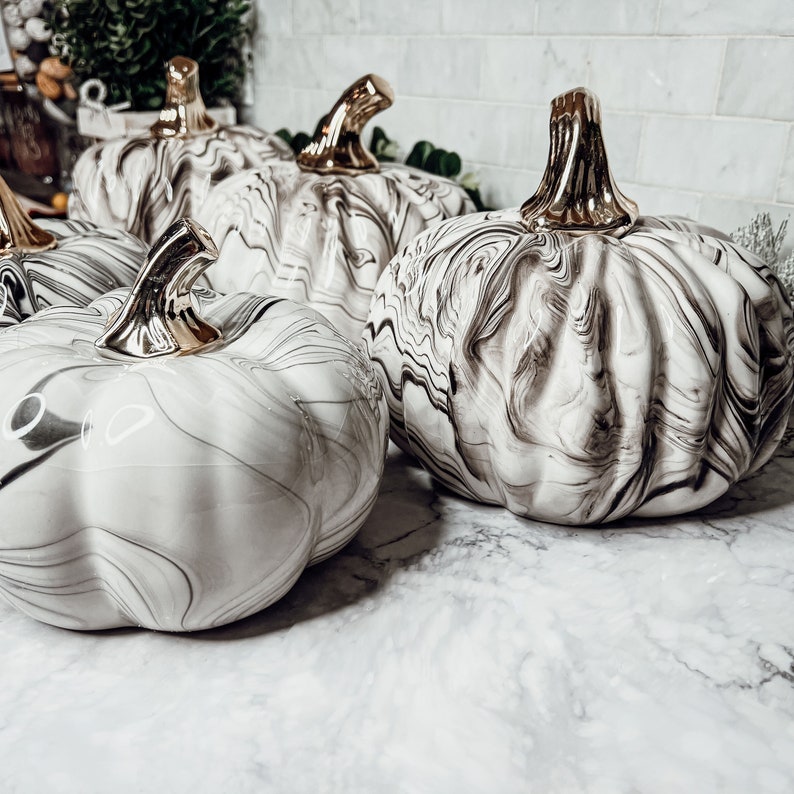 Hand Painted Pumpkins, 2 Sizes, Black and White Pumpkin Decor, Ceramic ...