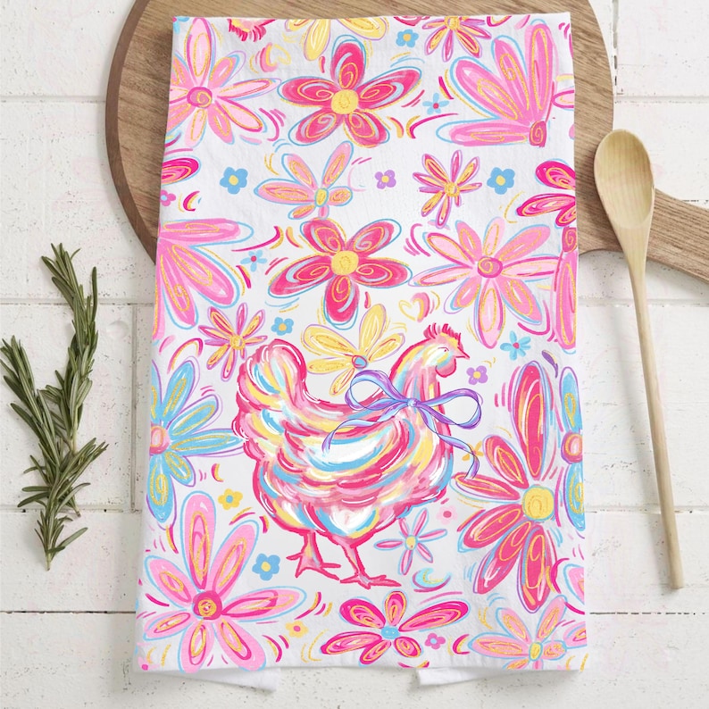 Colorful Chicken Kitchen Towel, Floral Hen Tea Towel, Bright Boho Dish ...