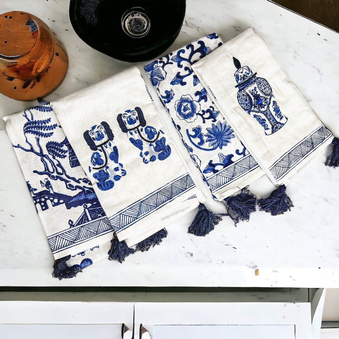 Blue Dish Cloth, Blue Dish Towel Set Cotton, Blue Chinoiserie Tea ...