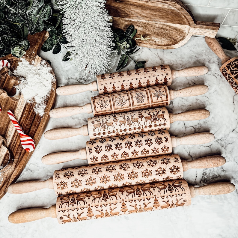 Embossed Rolling Pin for Cookies, Christmas Cookie Baking Set, Wooden ...