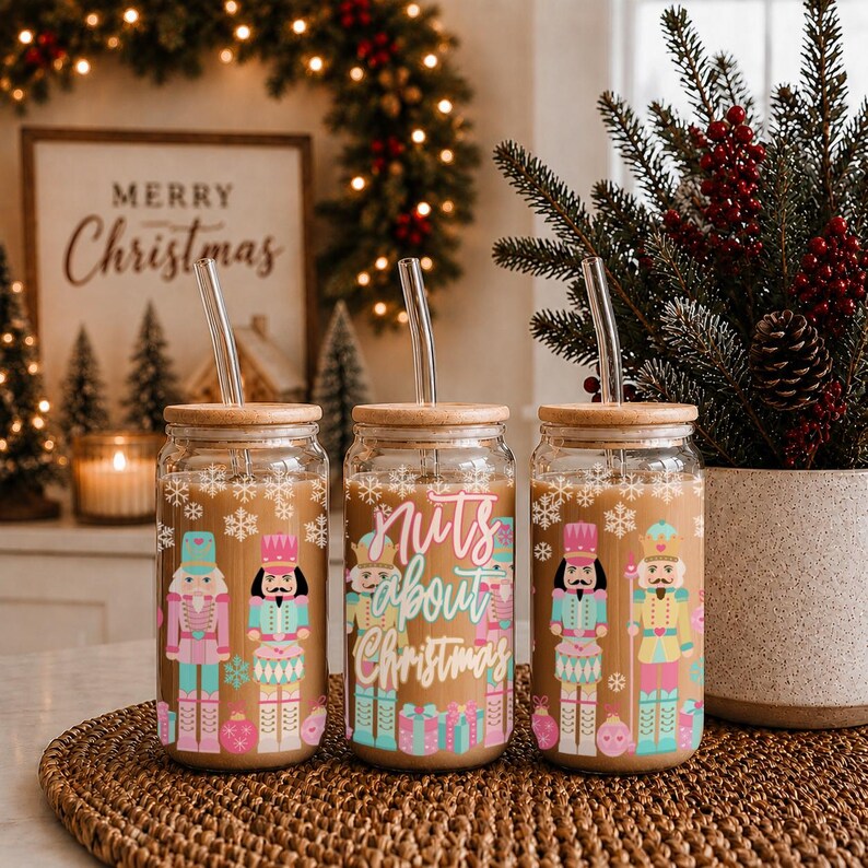 Candy Cane Christmas Glass Tumbler With Bamboo Lid + Straw, Holly Berry ...