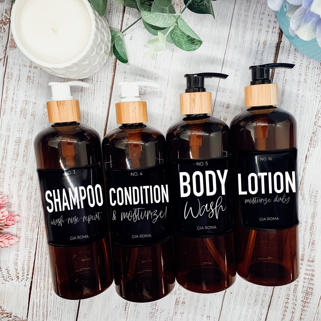 Amber Shower Dispenser Bottle Sets With Bamboo Pump Options, Apothecary ...