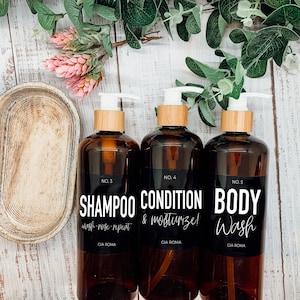 Amber Shower Dispenser Bottle Sets With Bamboo Pump Options, Apothecary ...