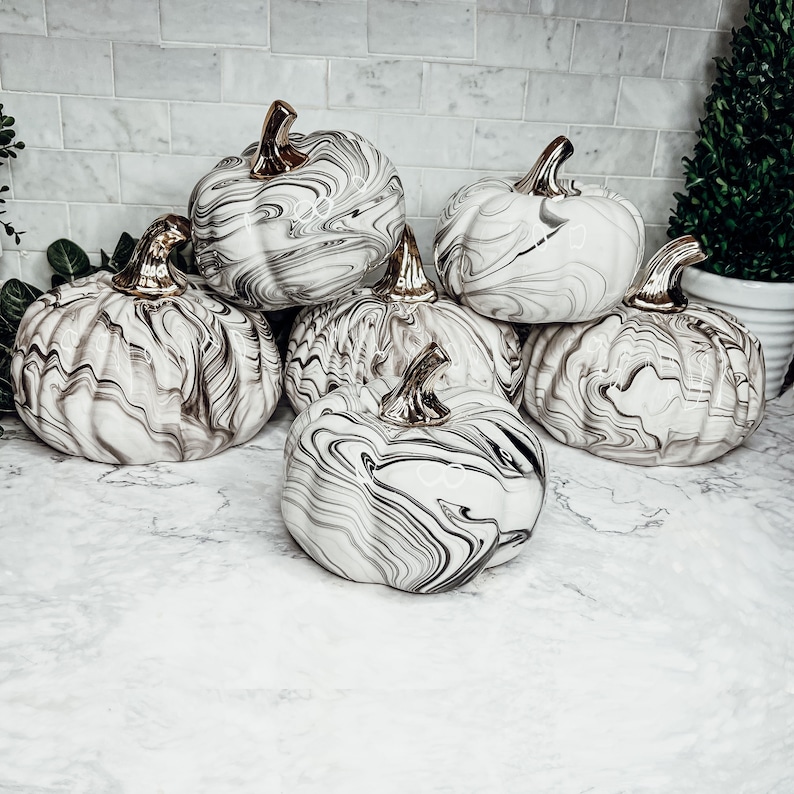 Hand Painted Pumpkins, 2 Sizes, Black and White Pumpkin Decor, Ceramic ...