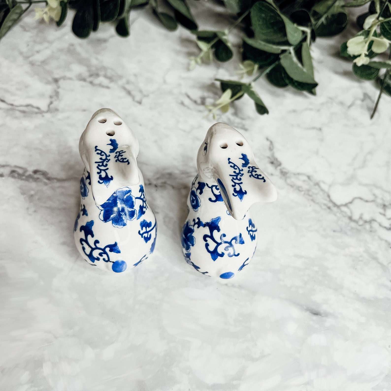 Bunny Salt and Pepper Shakers, Blue Bunny Kitchen Decor, Chinoiserie ...