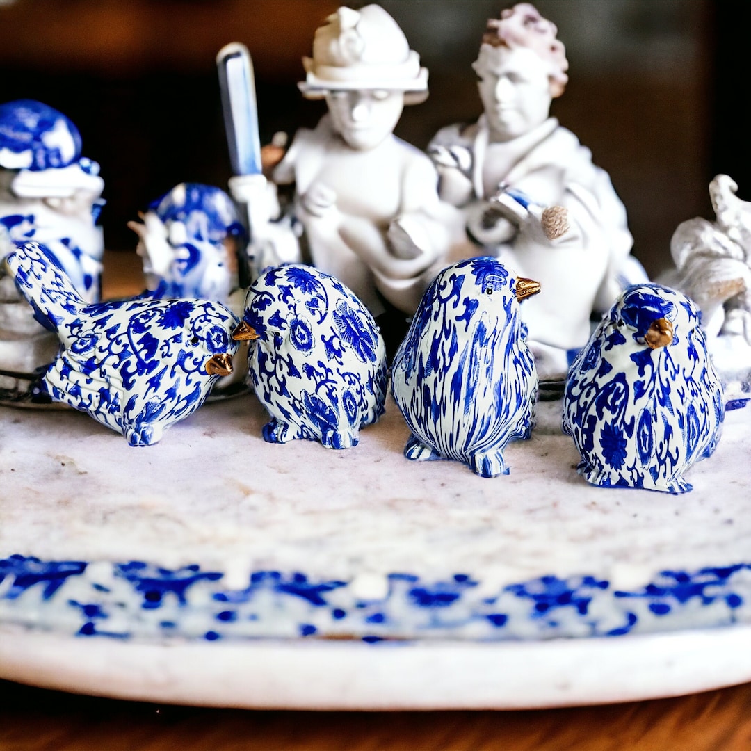 Blue Robin Decorations, Chinoiserie Birds, Hand Painted Blue and White Indoor Window & Shelf ...