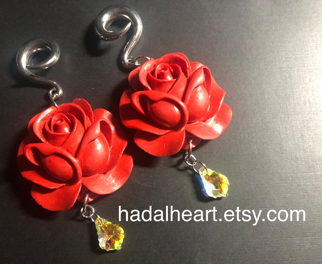 Carved Shell Red Rose With AB Crystal Dangle Ear Weights 0g - Etsy