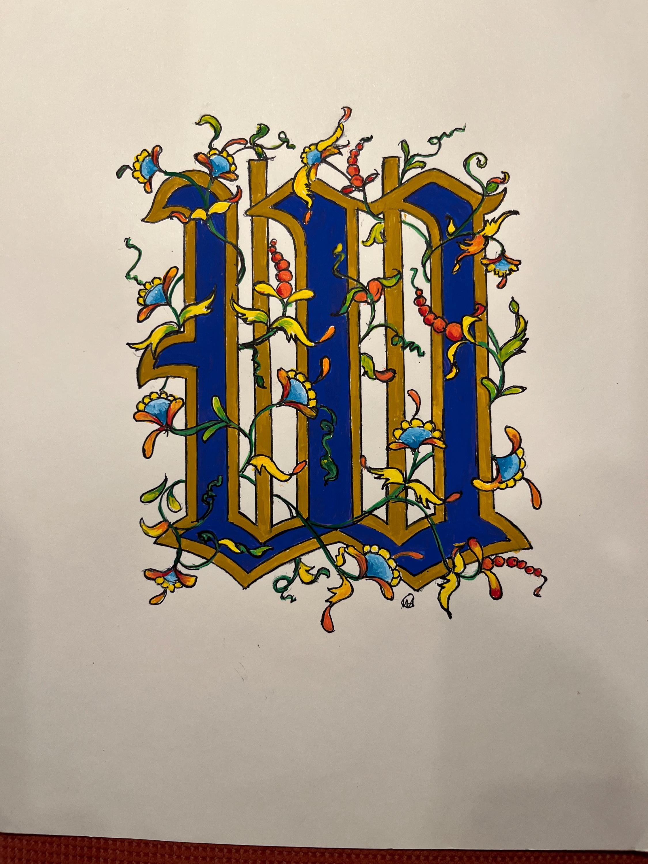 Illuminated Letter “W”, Hand Painted Old English Script, Original ...