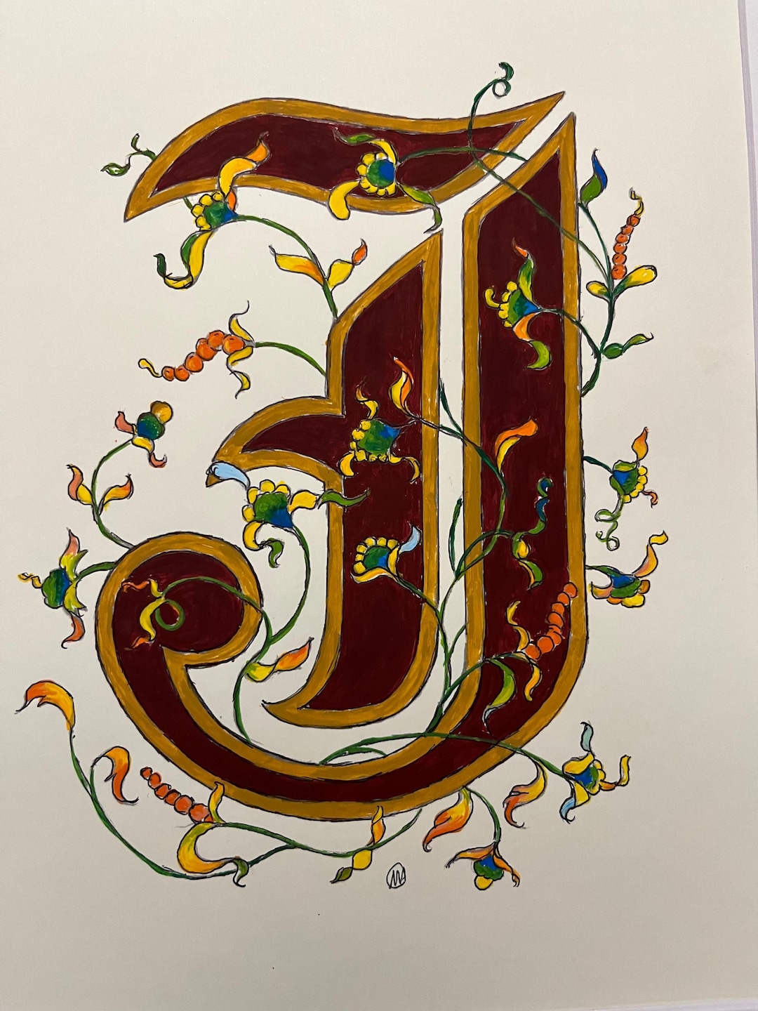 Illuminated Letter "j", Hand Painted Old English Script, Original ...