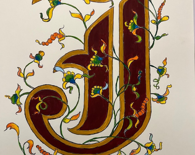 Illuminated Letter "j", Hand Painted Old English Script, Original ...
