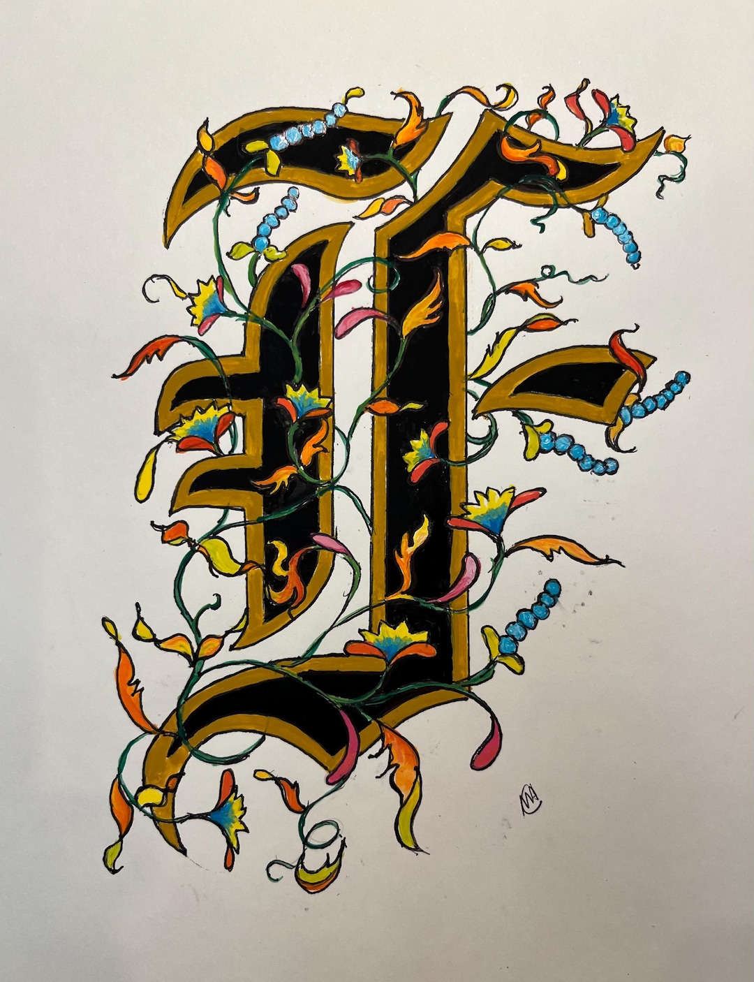 Illuminated Letter "f", Hand Painted Old English Script, Original ...