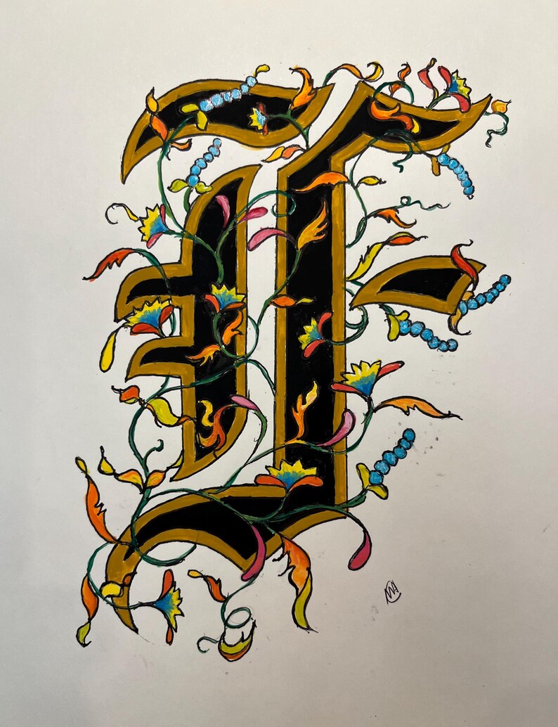 Illuminated Letter "f", Hand Painted Old English Script, Original ...