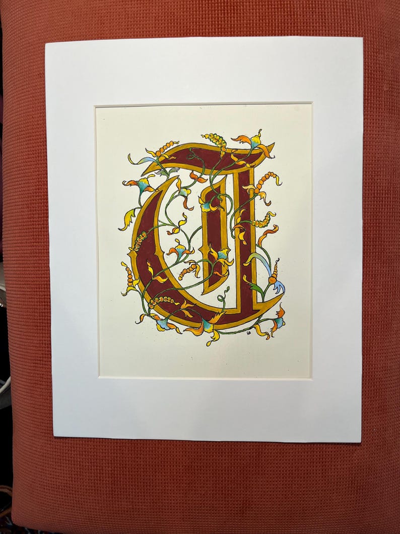 Illuminated Letter "t", Hand Painted Old English Script, Original ...