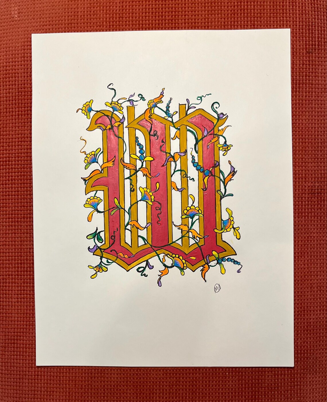 Illuminated Letter “W”, Hand Painted Old English Script, Original ...