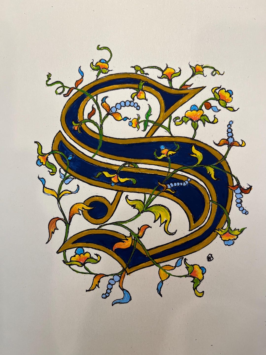 Illuminated Letter "s", Hand Painted Old English Script, Original ...