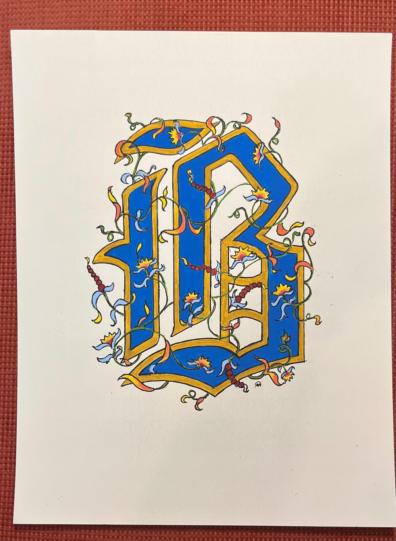 Illuminated Letter “B”, Hand Painted Old English Script, Original ...