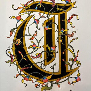 Illuminated Letter "t", Hand Painted Old English Script, Original ...
