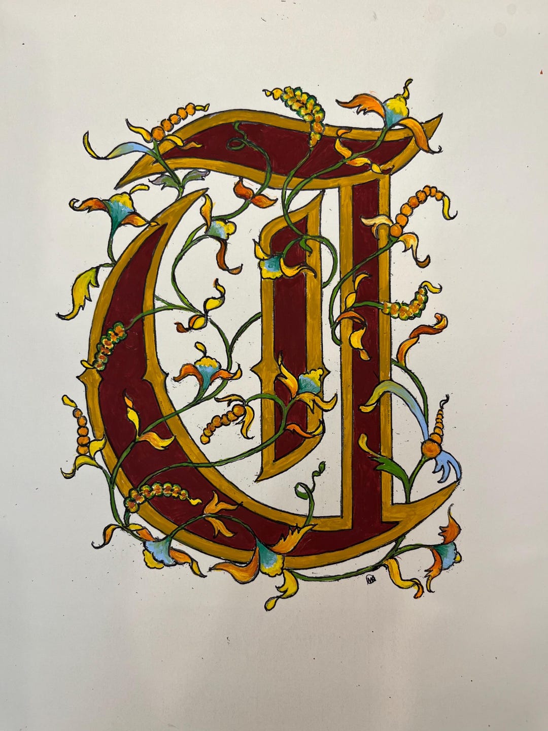 Illuminated Letter "t", Hand Painted Old English Script, Original ...