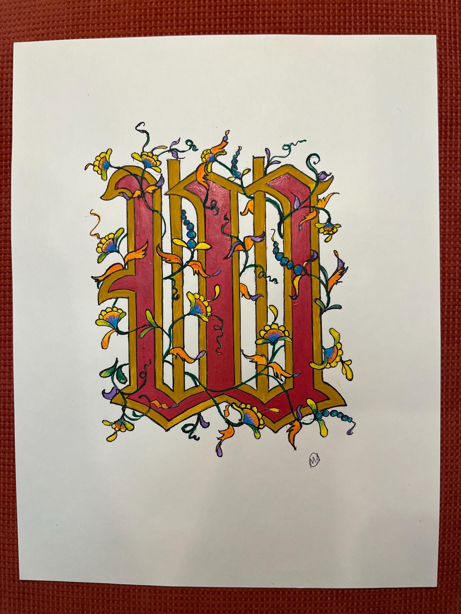 Illuminated Letter “W”, Hand Painted Old English Script, Original ...