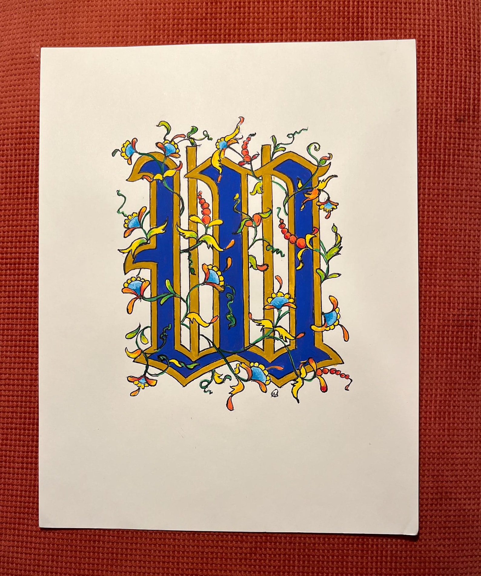 Illuminated Letter “W”, Hand Painted Old English Script, Original ...