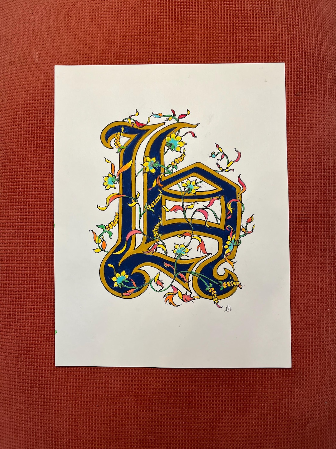 Illuminated Letter H, Hand Painted Old English Script, Original Design ...