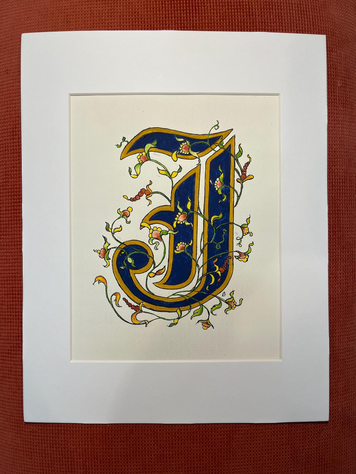 Illuminated Letter "j", Hand Painted Old English Script, Original ...