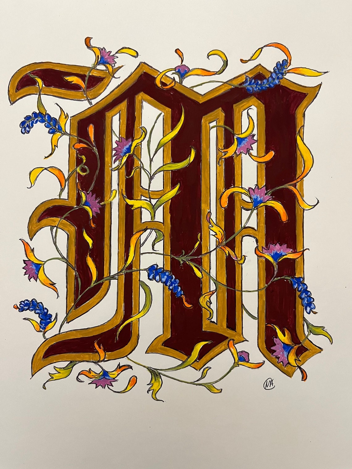 Illuminated Letter m, Hand Painted Old English Script, Original Design ...