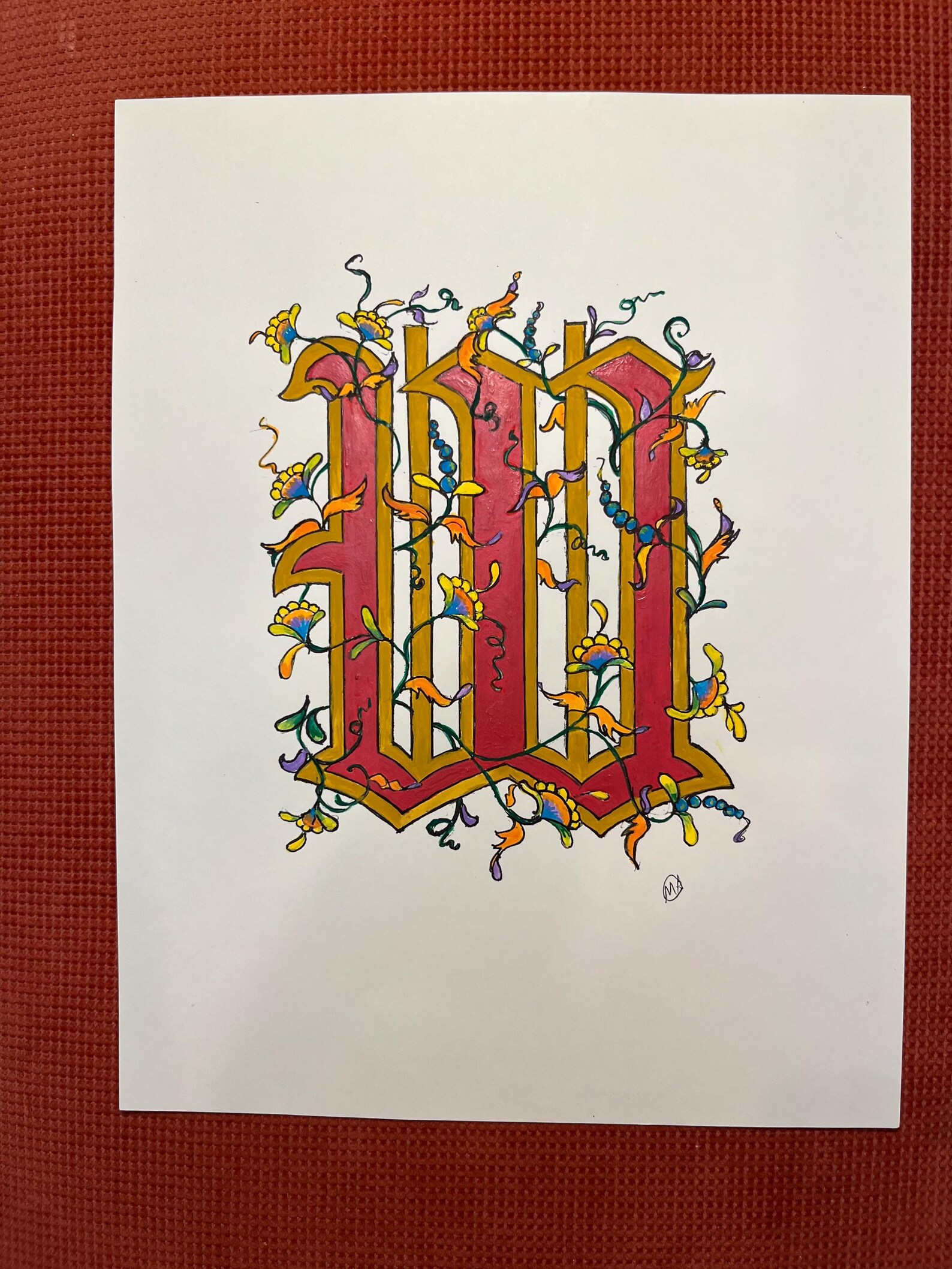 Illuminated Letter “W”, Hand Painted Old English Script, Original ...