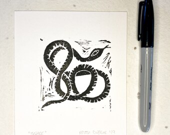 Snake Block Print, With Gold Sun Background. Linocut Printed on 5x7 ...