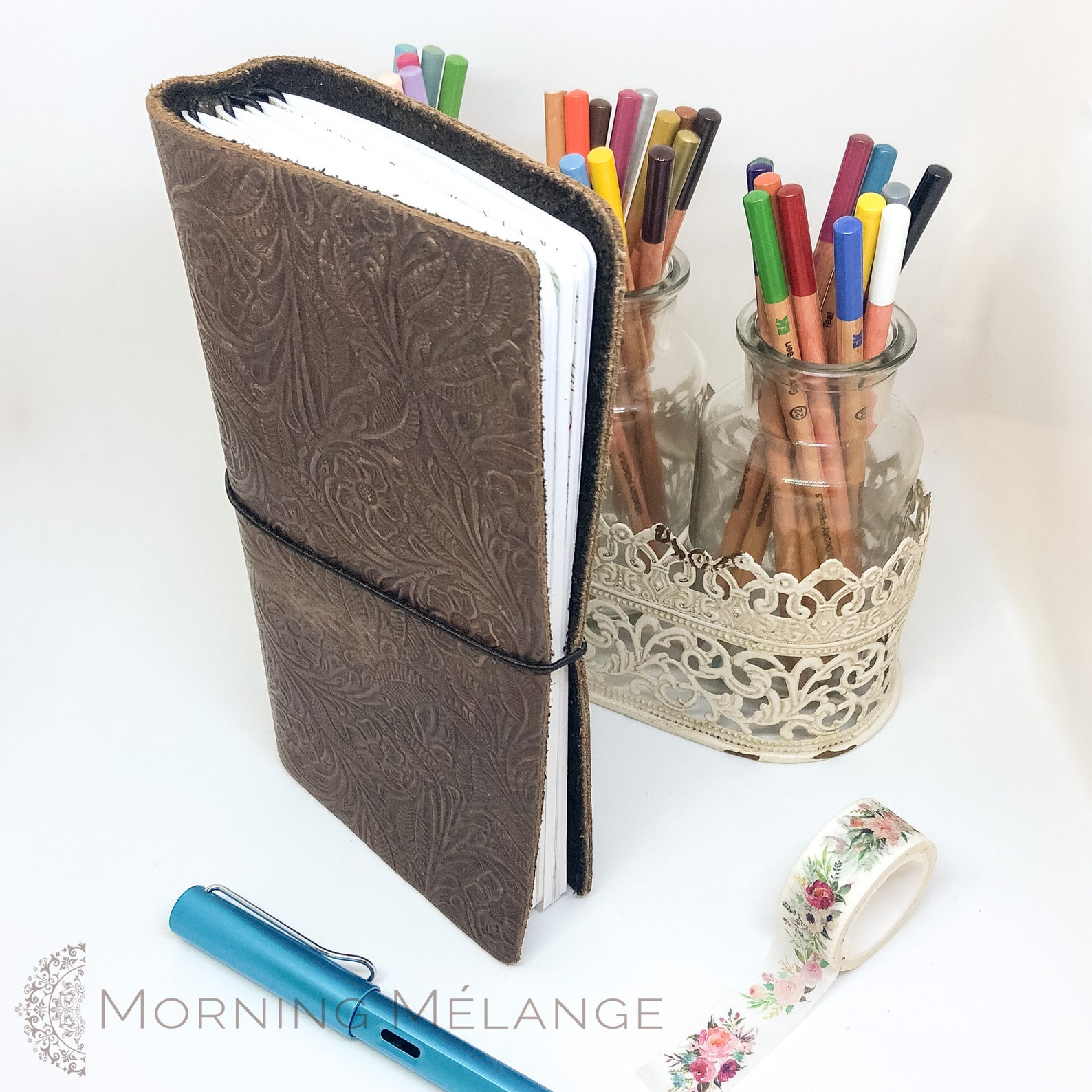 Floral Brown Leather Notebook Cover, A6, A5, Wide, Standard, B6, B6 ...