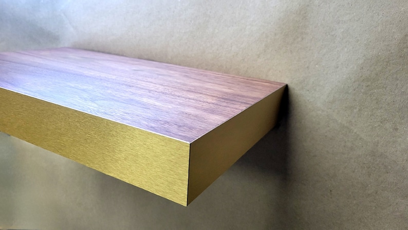 Walnut Floating Shelf With Brushed Brass Edges: Modern Wall Decor - Etsy