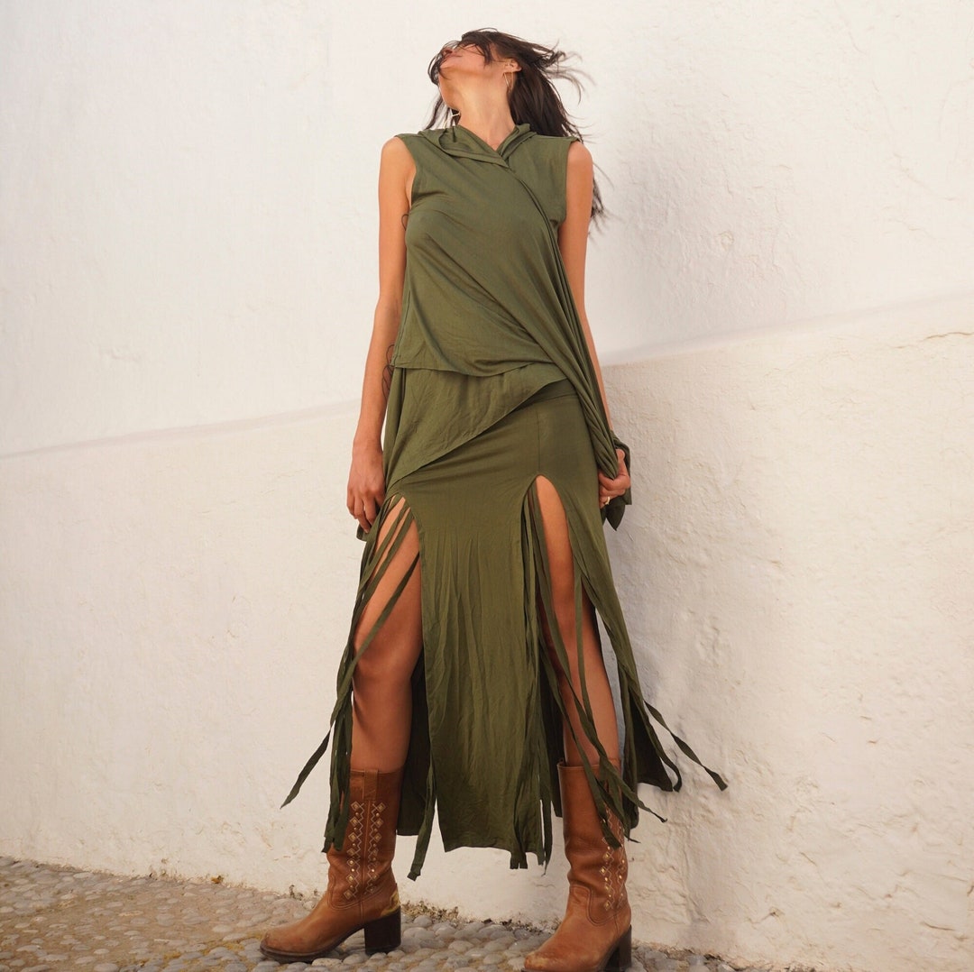 Double Split Maxi Skirt, Long Festival Skirt With Fringe, Belly Dance ...