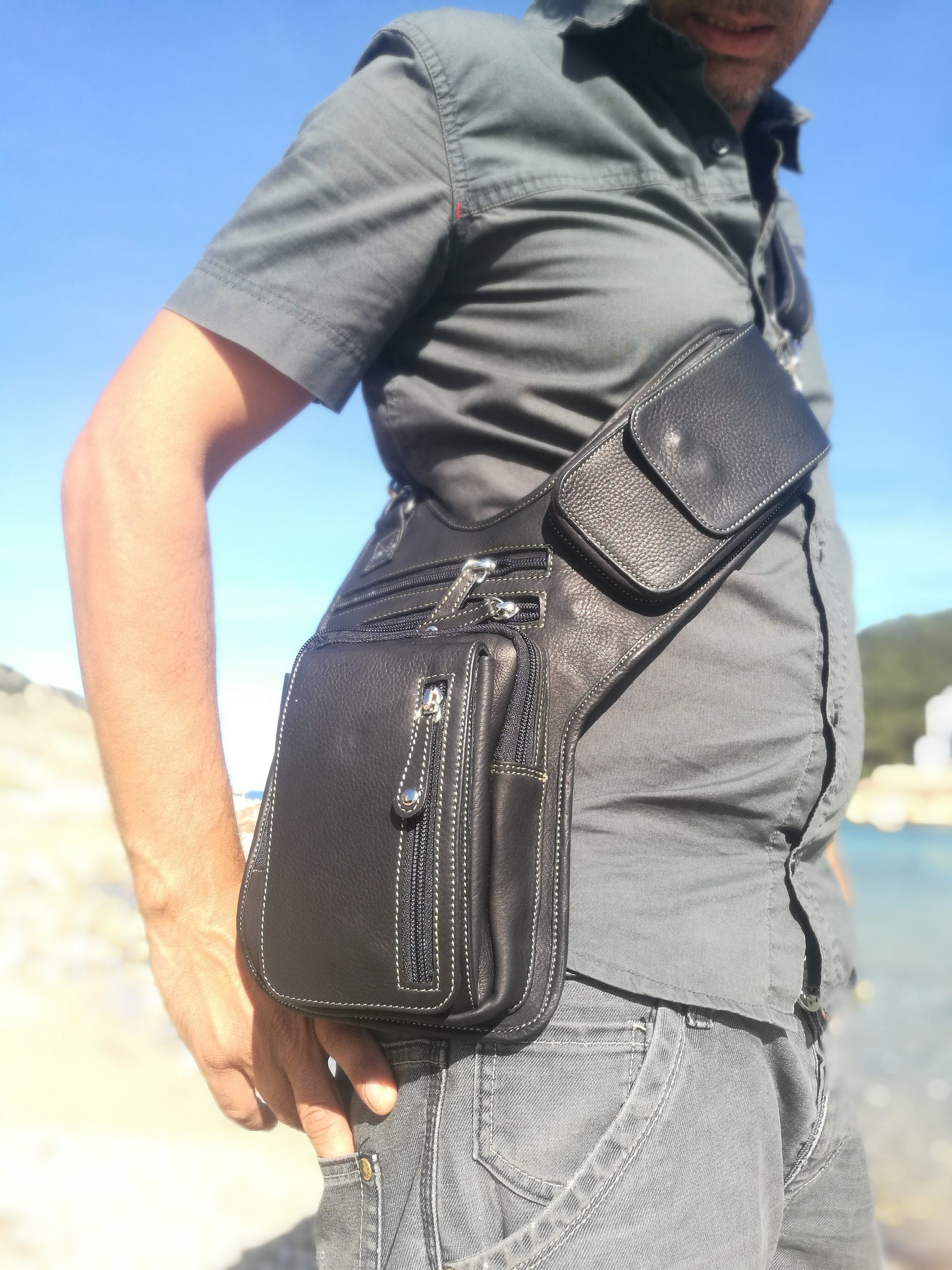 Across the Chest Black Leather Bag Traveller Bag Festival | Etsy