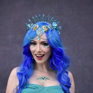 Golden Mermaid Crown, Sea Shell Aquamarine Crystal Headpiece, Majestic ...