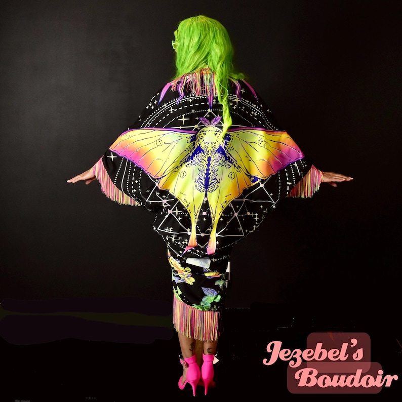 Neon Luna Moth Duster Gown, UV Glow Rave Dressing Robe, Fringe Flowing ...