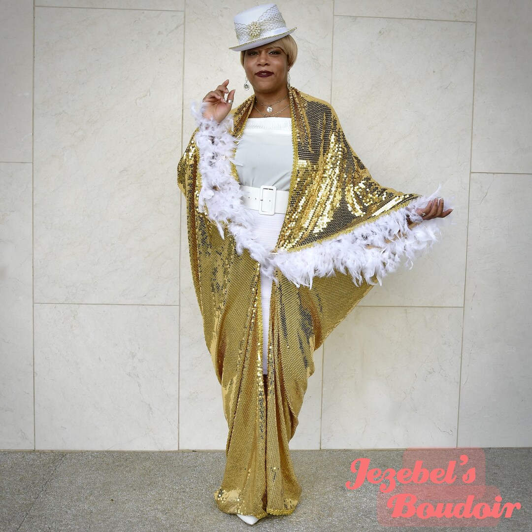 Golden Sequin Kimono, Glam Feather Fringe Gown, Burlesque Flowing ...