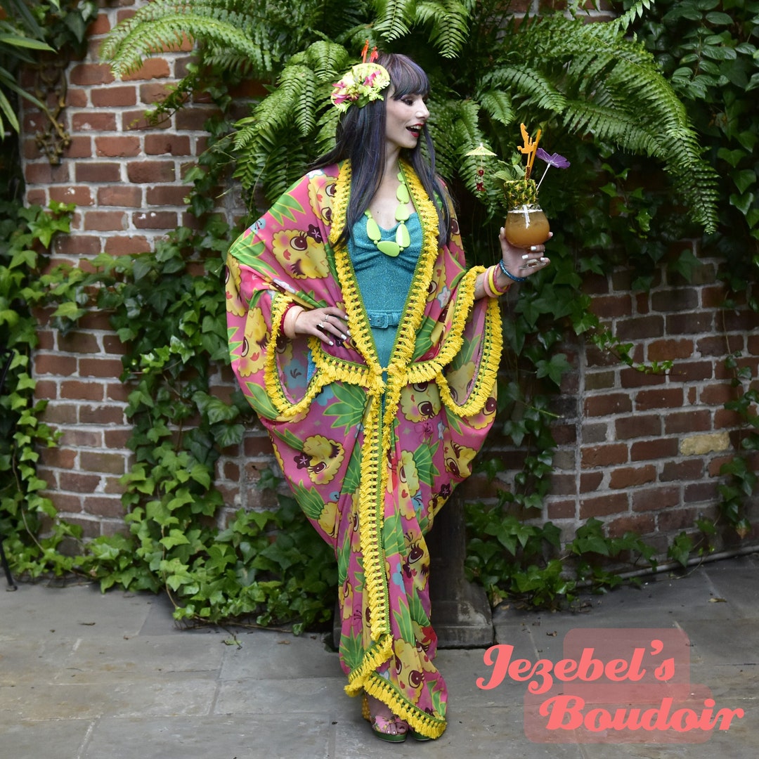 Tiki Caftan Dressing Gown Robe Kimono Tropical Kaftan Pom Pom Carmen ...