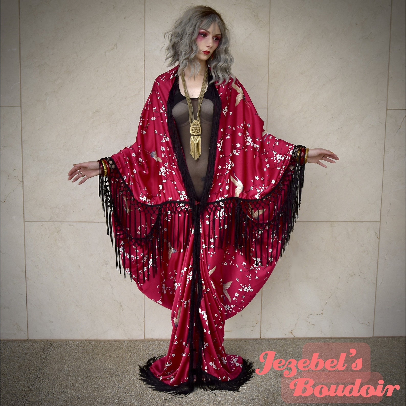 Cherry Blossom Kimono, Fringe Crane Caftan, Japanese Robe, Flapper Flowing Dramatic Gown ...